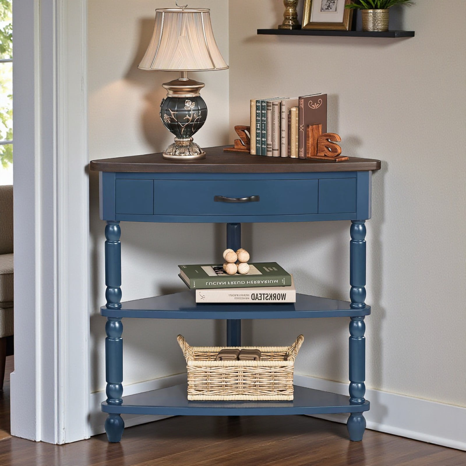 GZXS 3-Tier Corner Table with Drawer and Open Shelves, Rustic Narrow ...