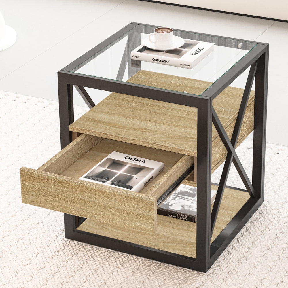 GZXS 3-Tier Side Table with Storage Drawer & Clear Glass Top, Natural ...