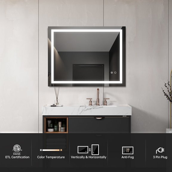 48x36 Inch LED Mirror for Bathroom with Front, Gold Framed Stepless ...