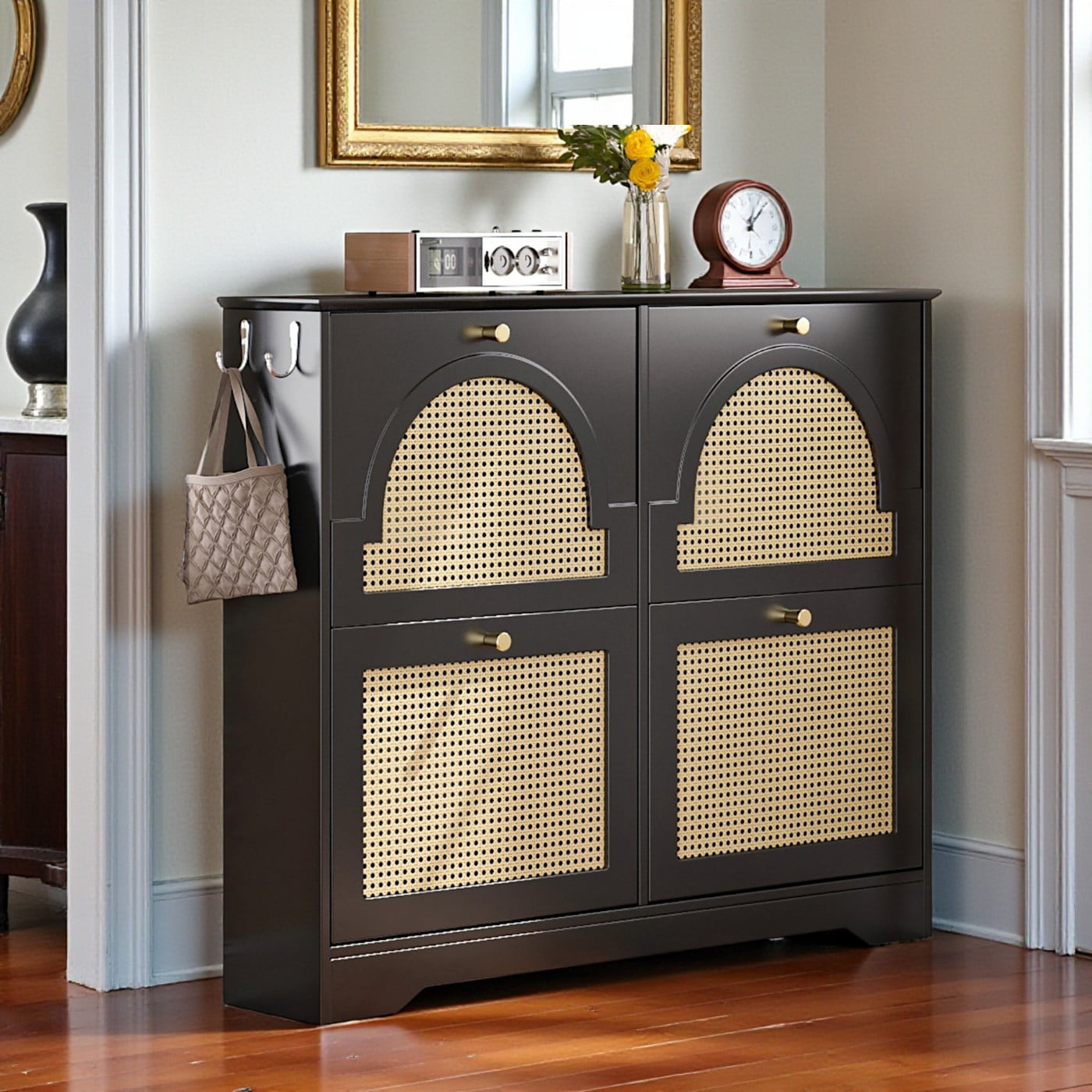GZXS 42.1" Shoe Storage Cabinet with 4 Flip Rattan Drawers, Mid-Century ...