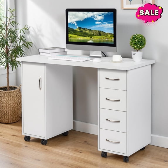 GZXS 43.3 Inch Computer Desk with Wheels, Home Office Table with Door ...