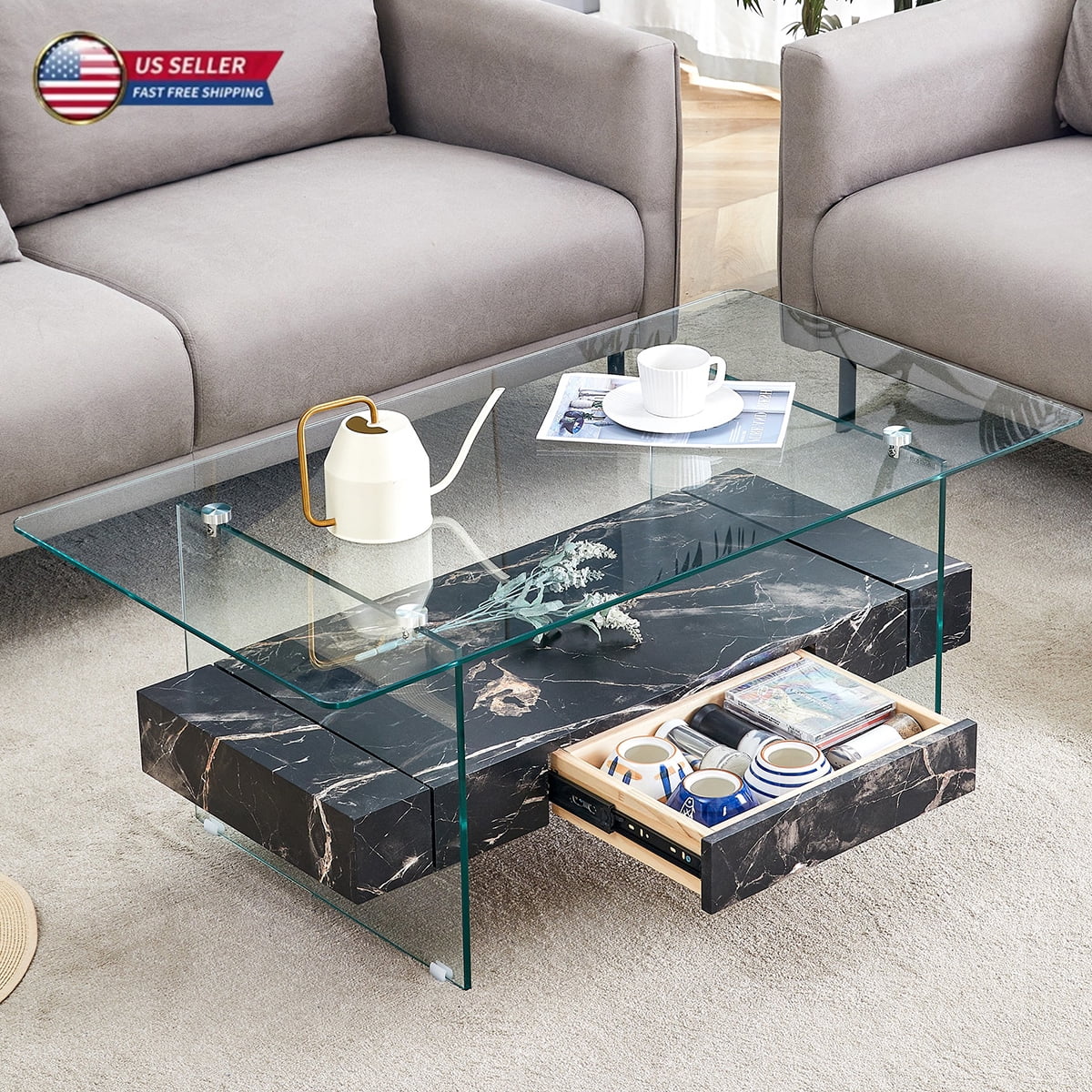 GZXS 43.3" Modern Storage Coffee Table with Clear Glass Top, Black ...