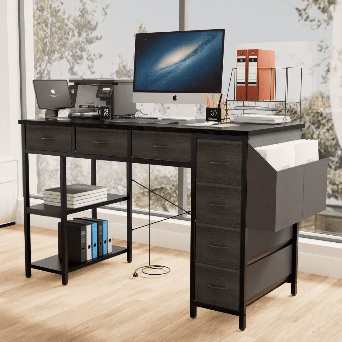 GZXS 47.3 Inch Black Modern Computer Desk with Charging Station, 7 ...