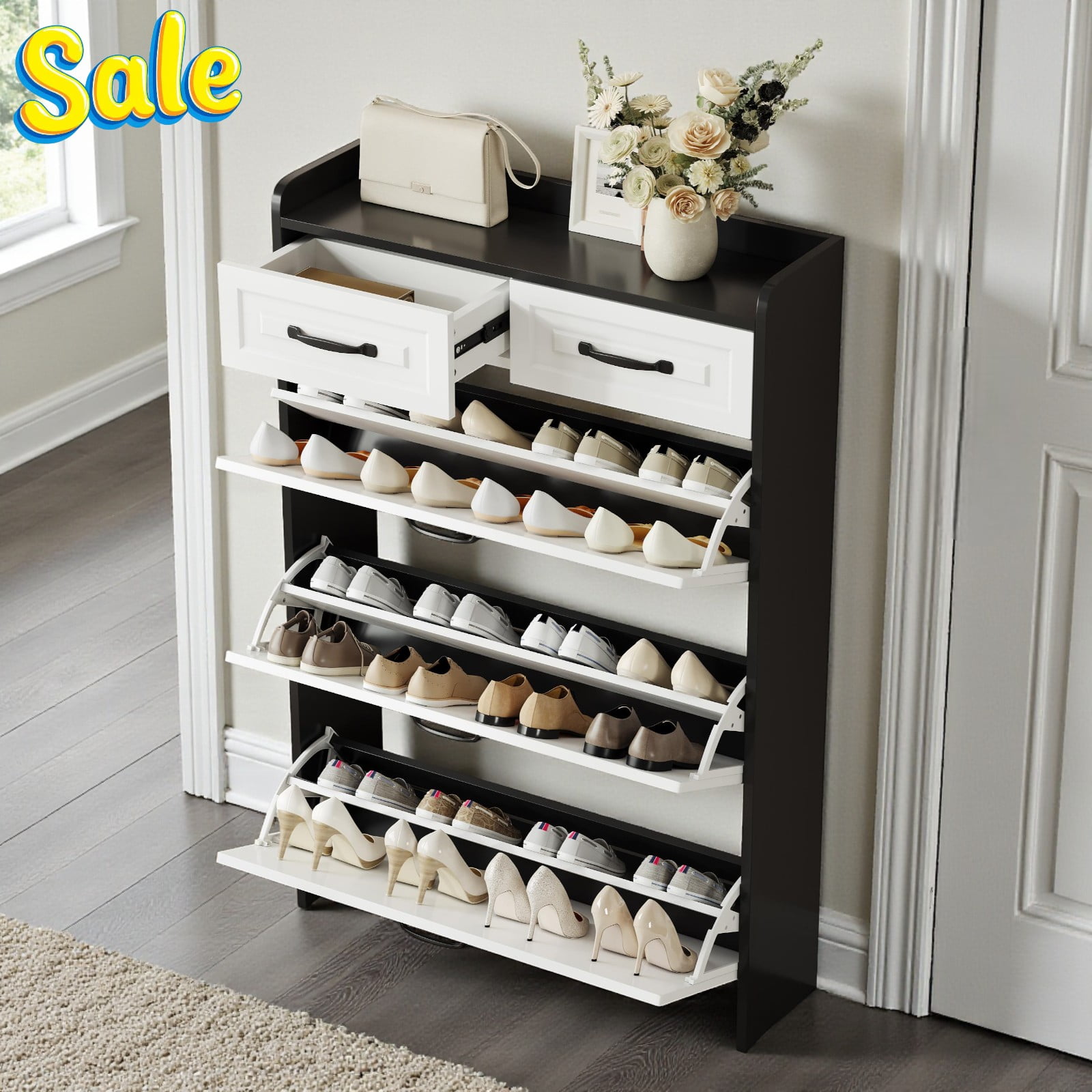 GZXS 49.21" Tall Flip-Drawer Shoe Cabinet, Slim Entryway Concealed Shoe ...