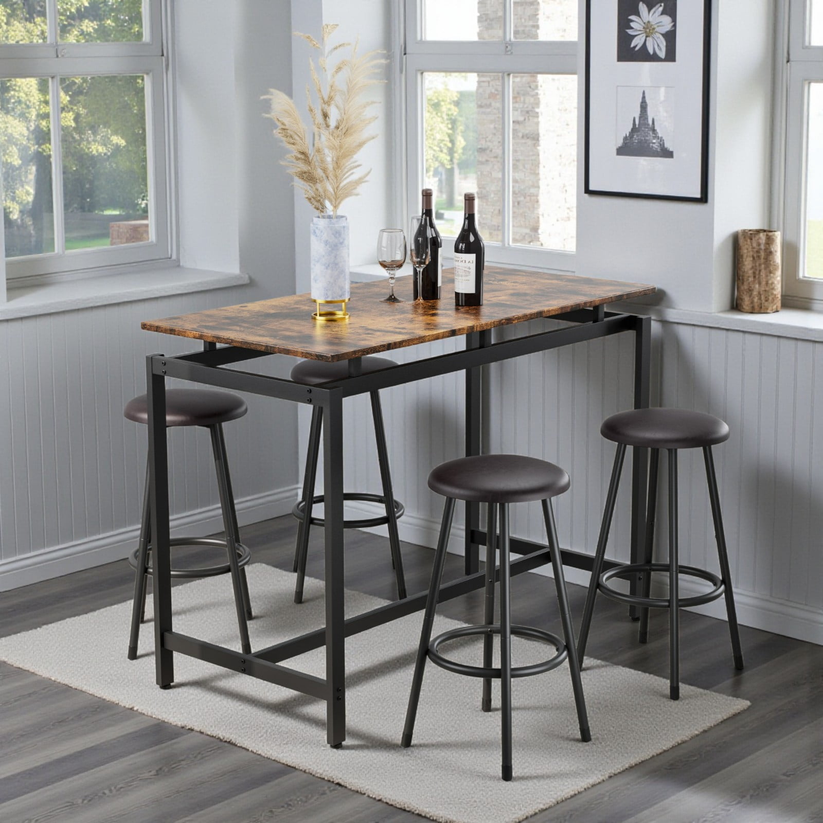 GZXS 5-Piece Bar Table Set with 4 PU Leather Stools, 47.5"W Counter ...