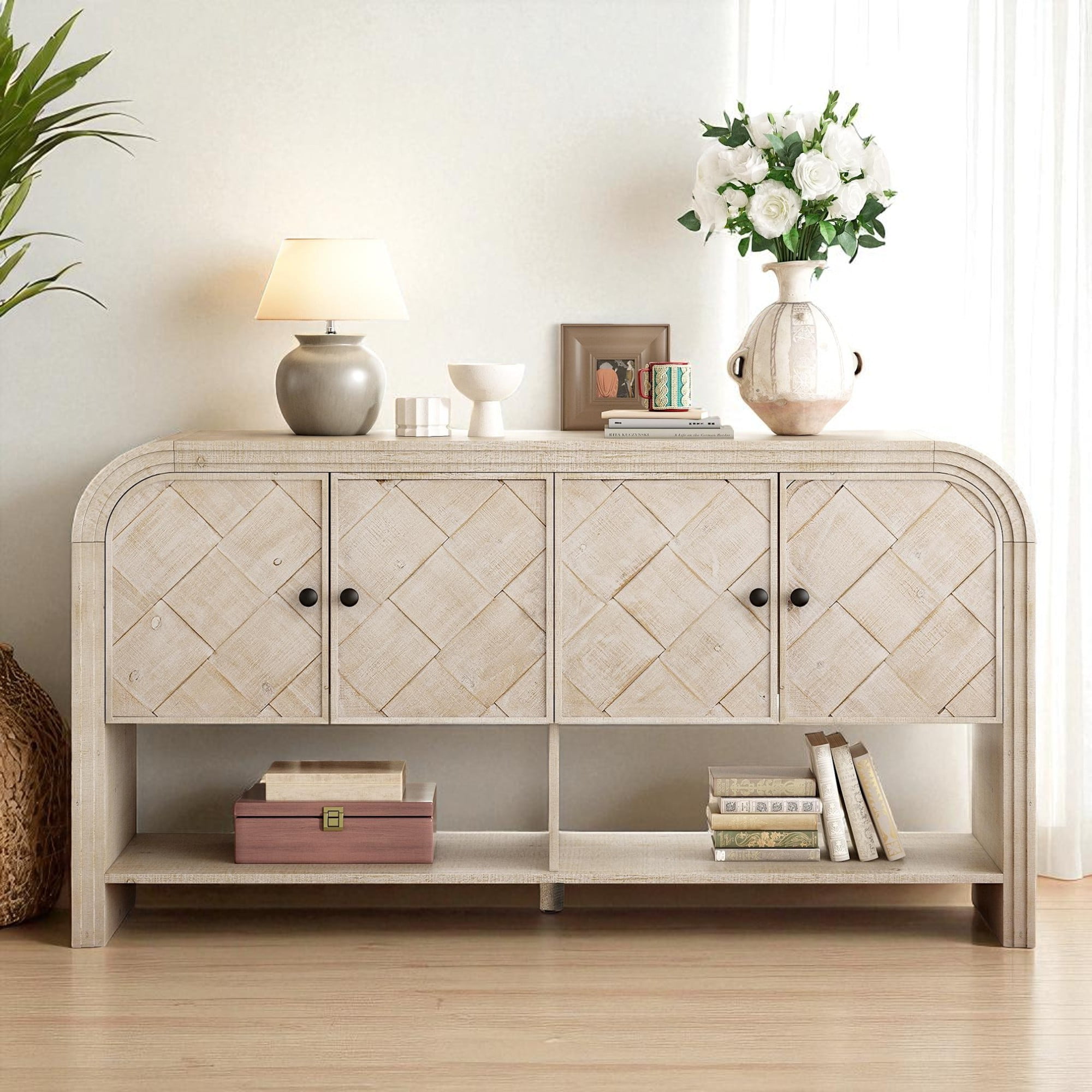 GZXS 59.8" Modern Curved Entryway Console Table with 4 Doors & Shelf ...