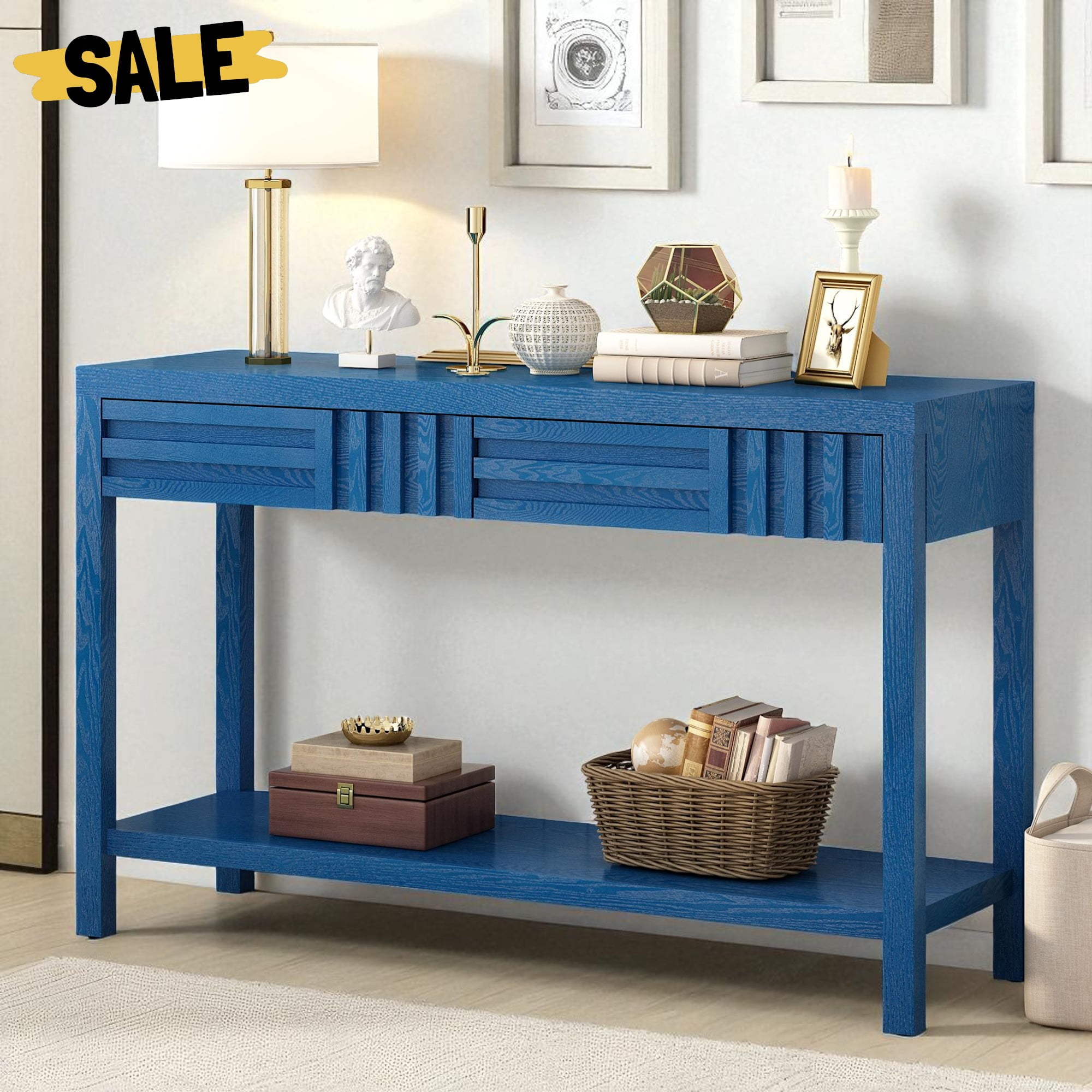 GZXS Classic Striped Front Console Table with Drawers and Open Shelf ...