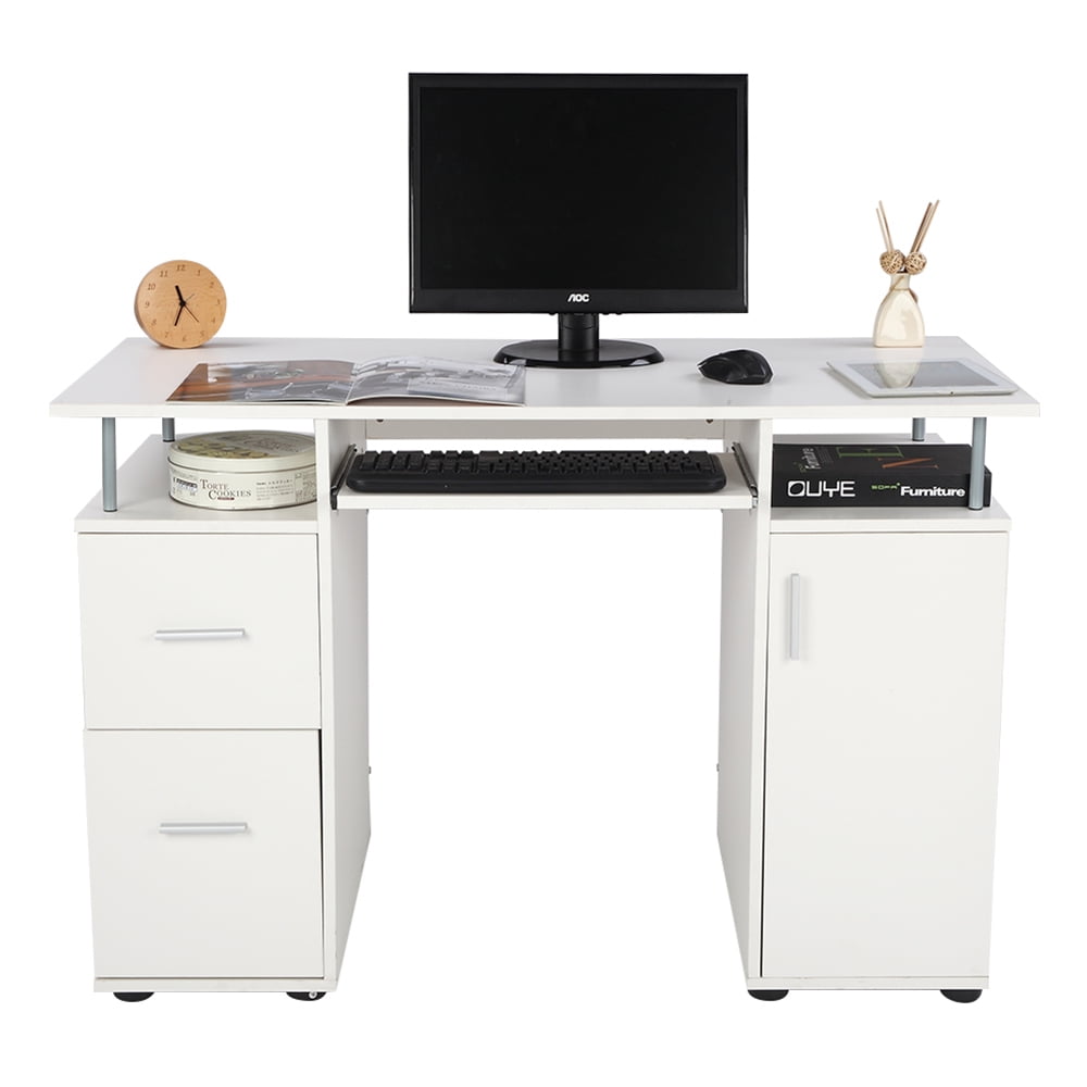 GZXS Computer Desk with 2 Drawers, 1 Door and 1 Keyboard Tray, Wood ...