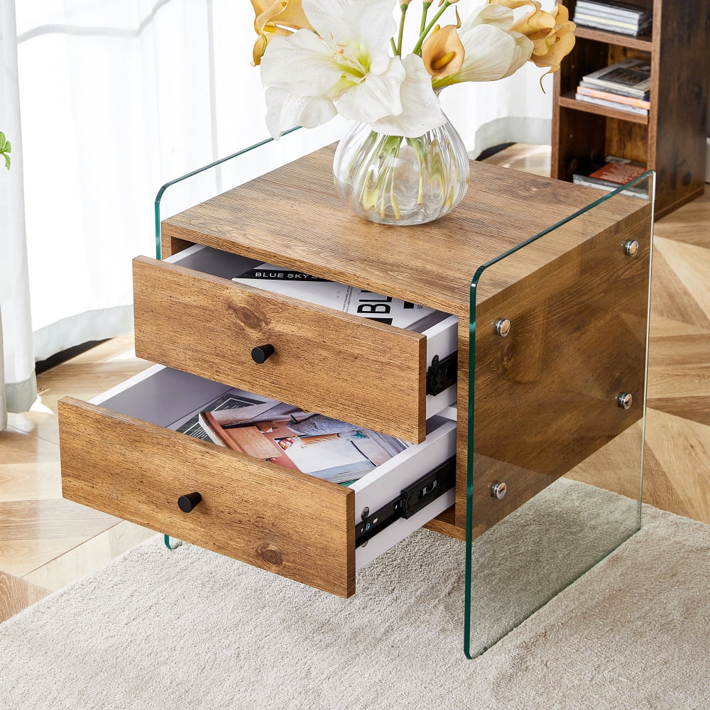 GZXS Contemporary Bedside Table with MDF Top & Glass Legs, 2-Drawer ...