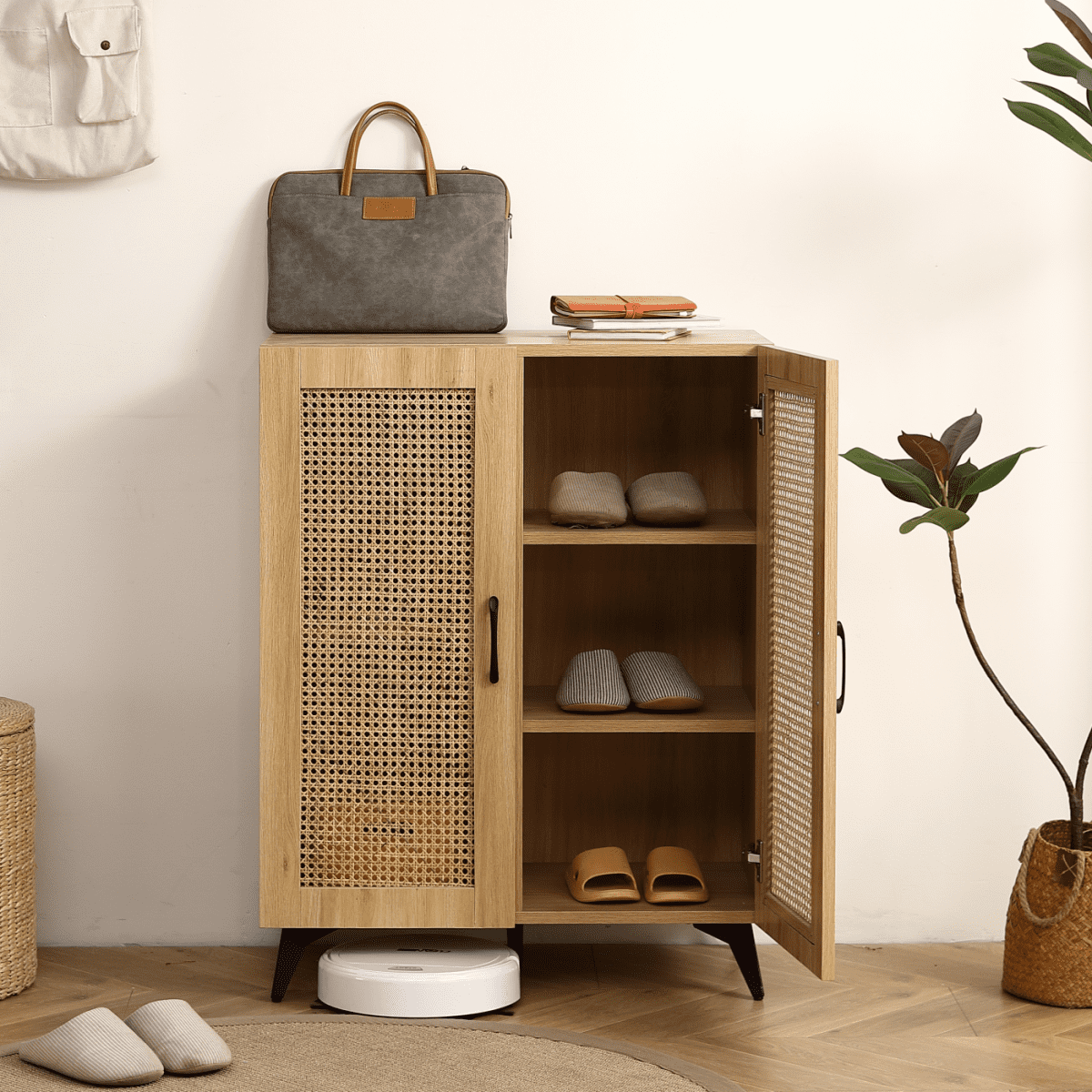 GZXS Double Rattan Doors Storage Side Cabinet Wood Shoe Rack for Entryway Kitchen Living Room ...