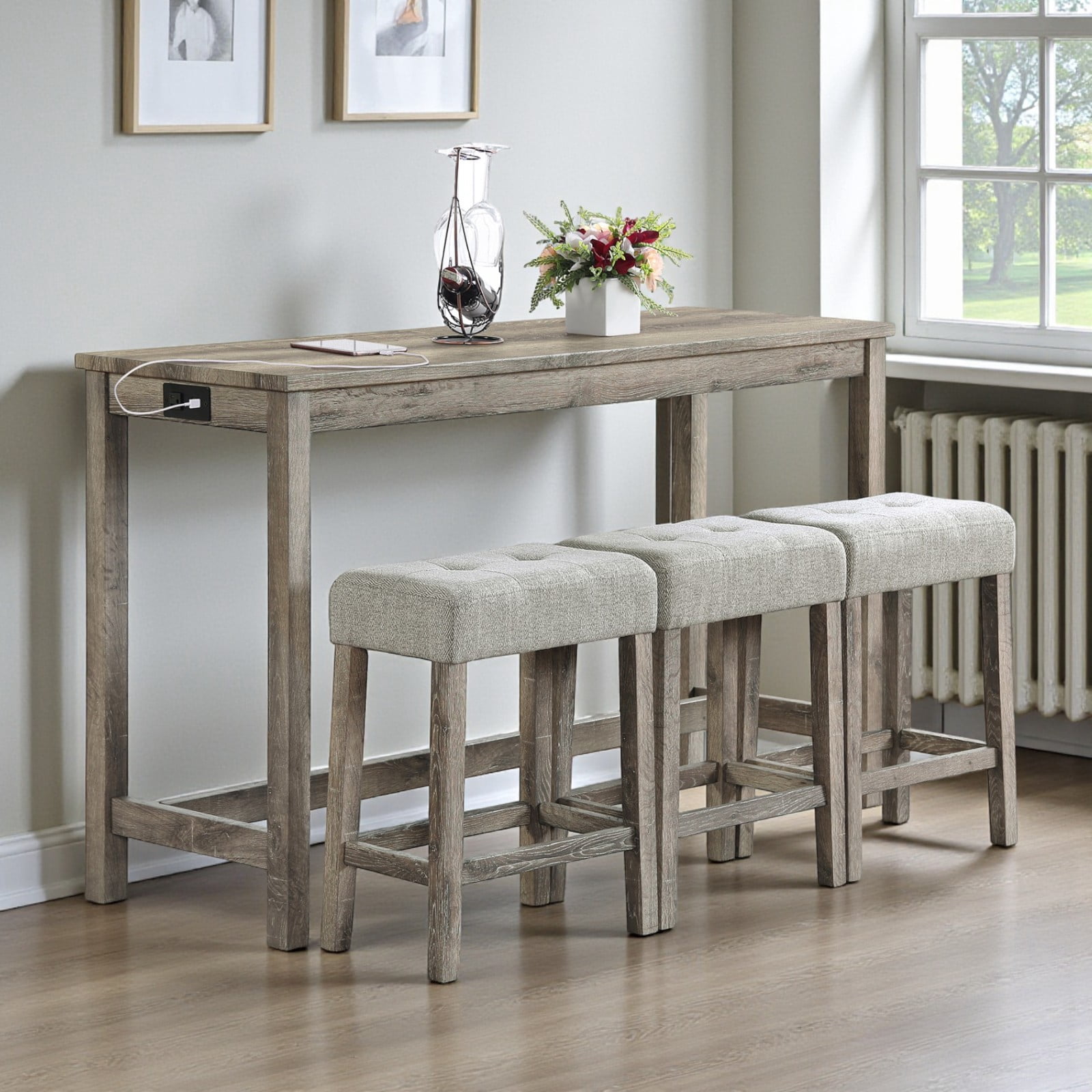 GZXS Farmhouse Bar Table Set with Power Outlet, 4-Piece Pub Table and ...