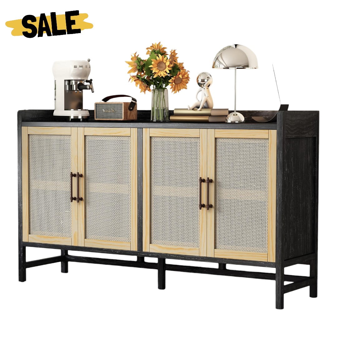 GZXS Farmhouse Bohemian 4-Door Rattan Sideboard with Adjustable Shelves ...