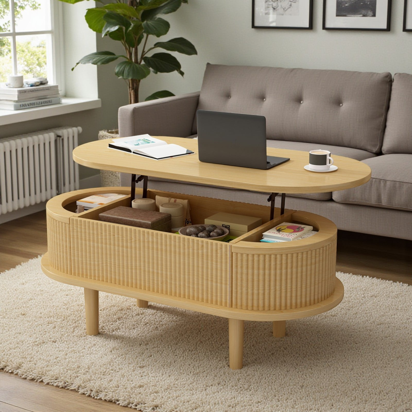 GZXS Farmhouse Fluted Lift Top Coffee Table with Hidden Storage, 40 ...