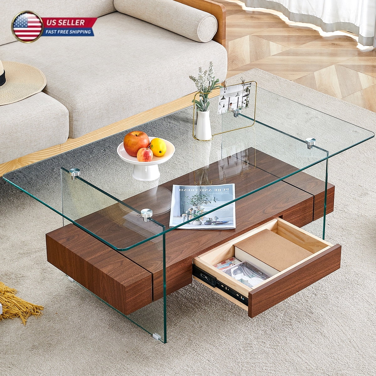 GZXS Glass Coffee Table with Drawer, Modern 2-Layer Center Table for ...