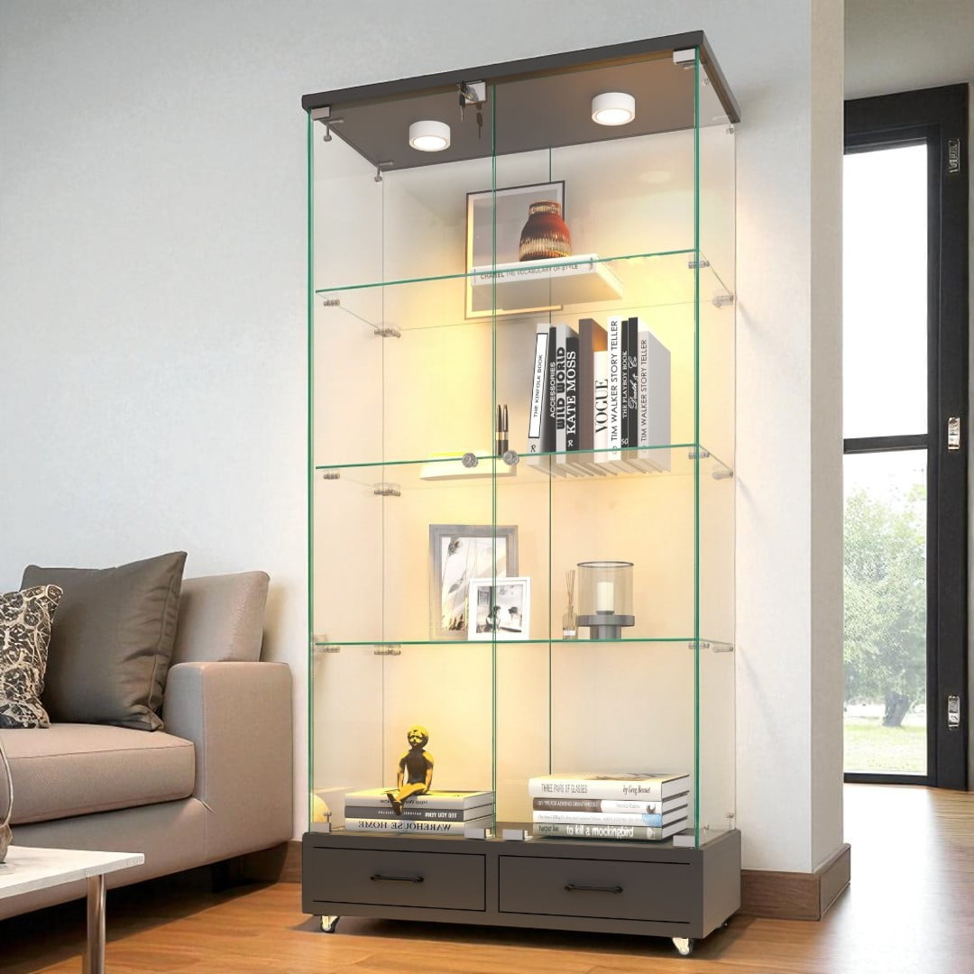 GZXS Lockable Glass Display Cabinet with 2 Doors, Curio Cabinet with 13 ...