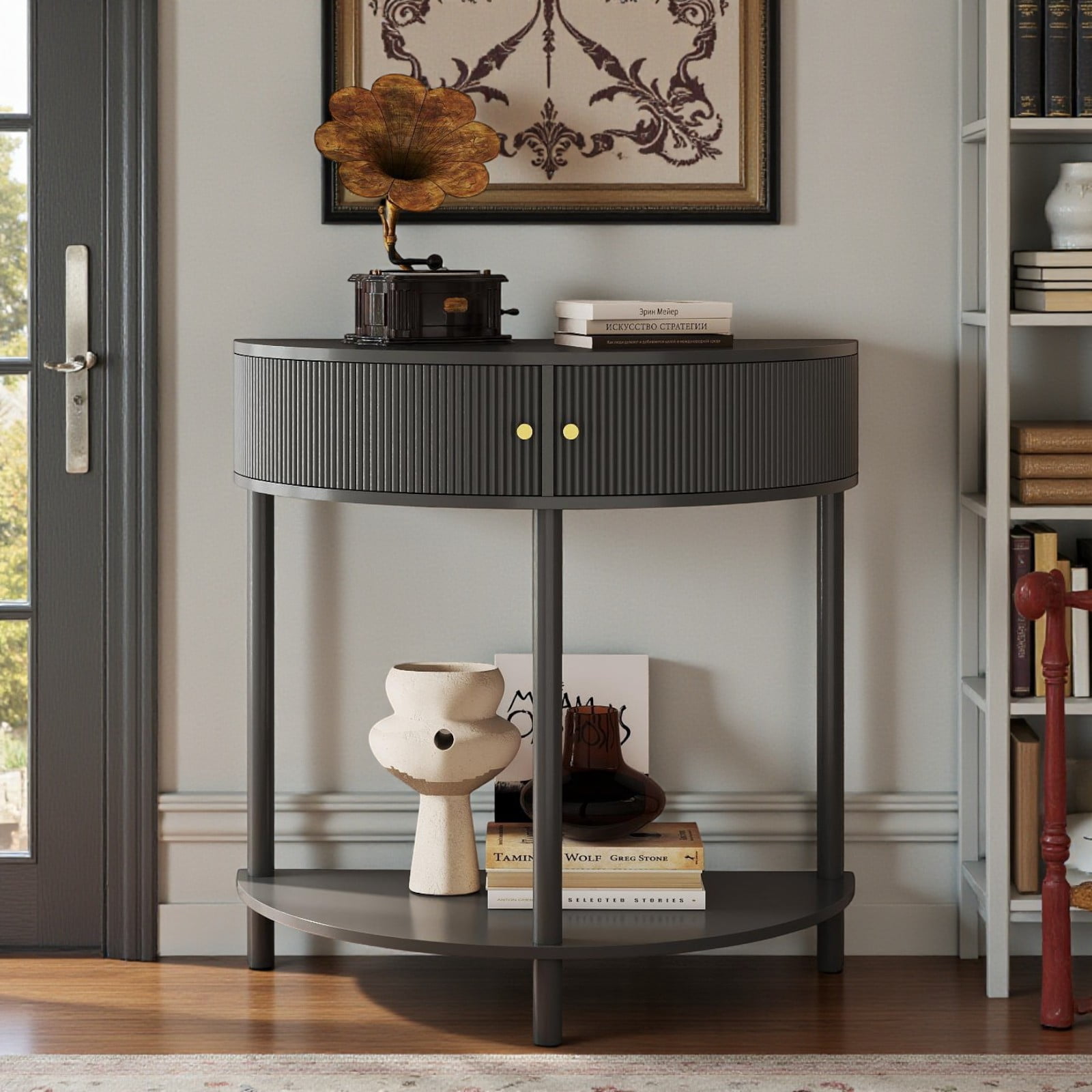 GZXS Modern Demi-Lune Console Table with Sculptural 3D Wave Door Panels ...