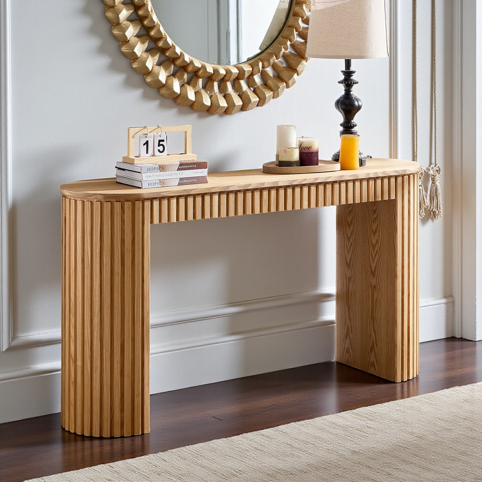 GZXS Modern Fluted Console Table in Natural Finish, 59" Oval Entryway ...