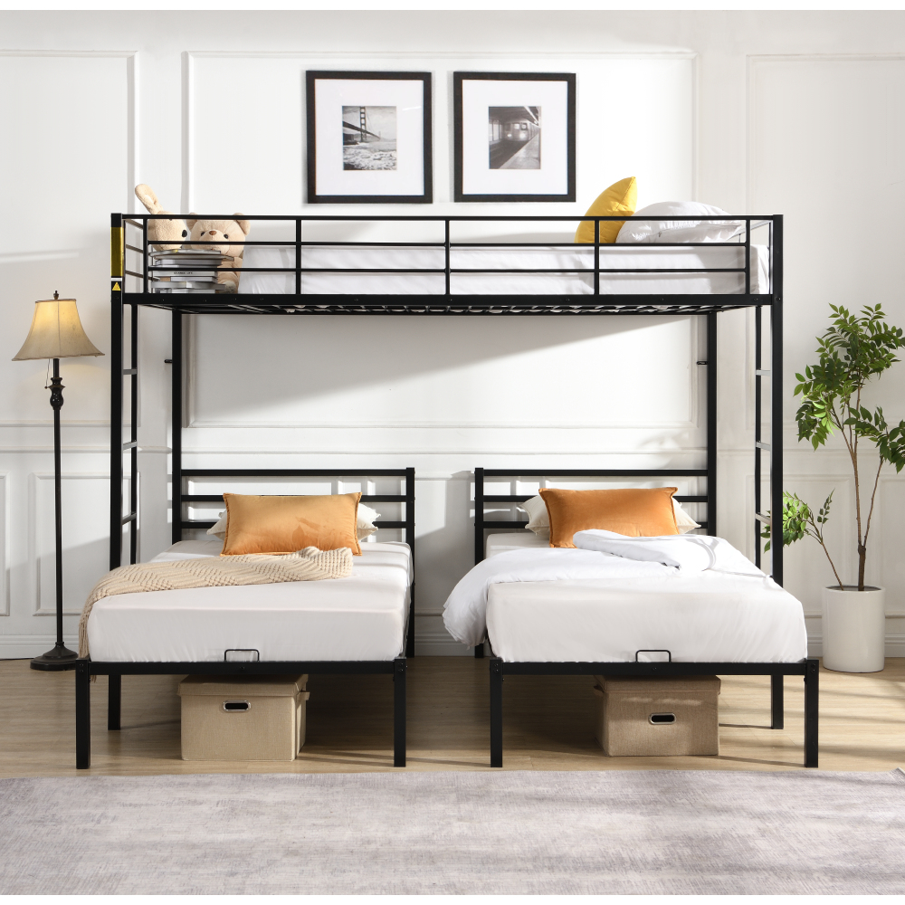 GZXS Modern Metal Triple Bunk Bed Frame with Vertical Ladders, Safety ...