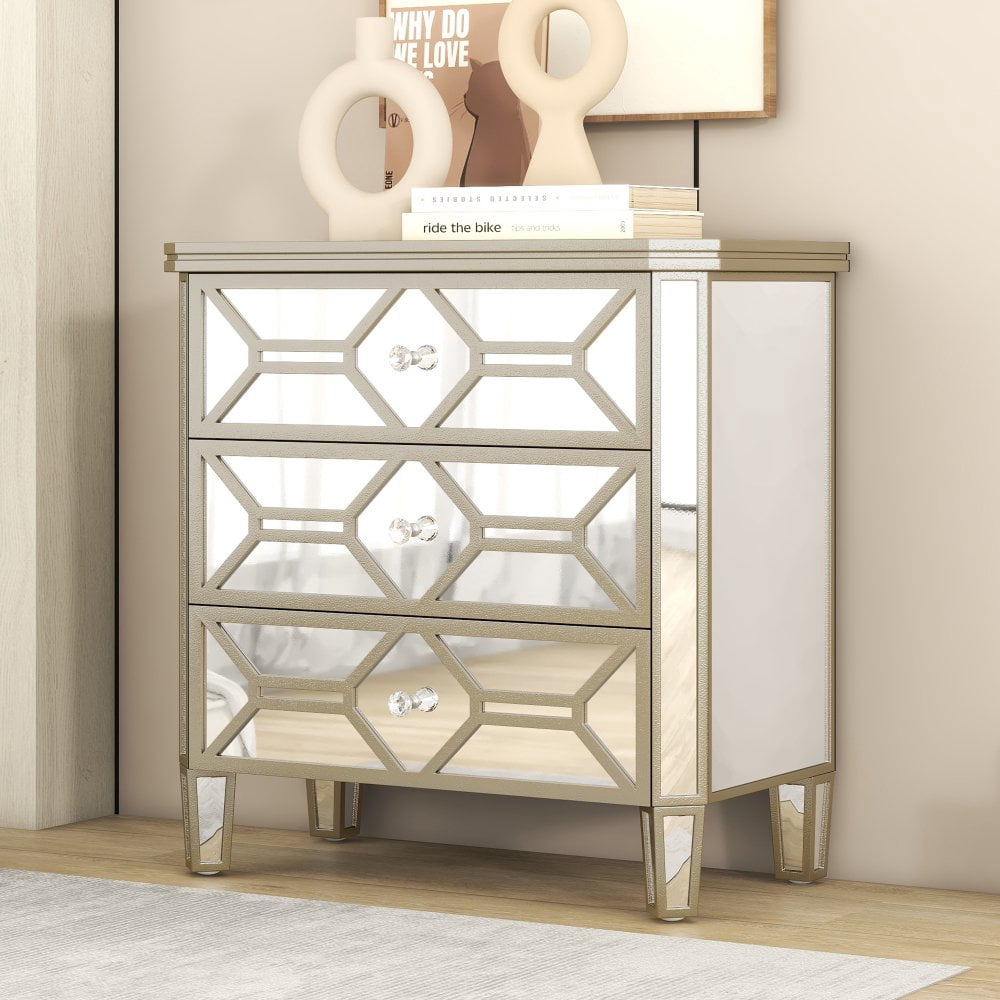 GZXS Modern Mirrored 3-Drawer Chest with Crystal-Shape Knob, Storage ...