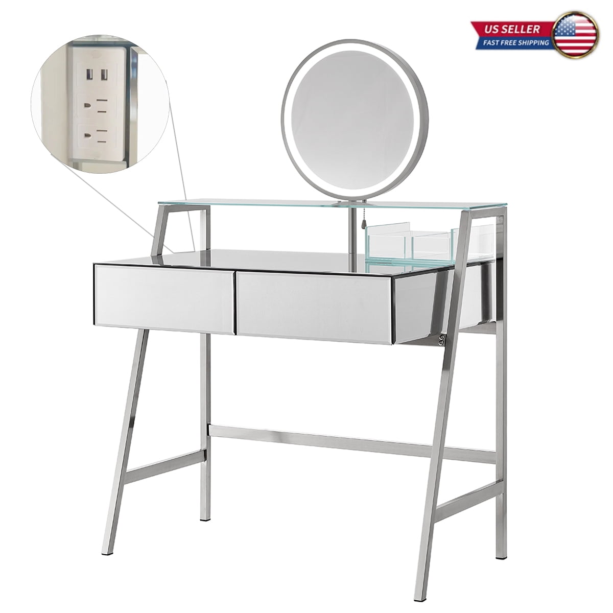 GZXS Modern Mirrored Makeup Vanity Desk with LED Lighted Mirror ...