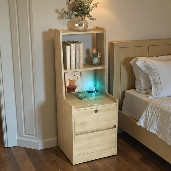 GZXS Modern Nightstand with Lockable Storage, Charging Station, 2-Tier ...