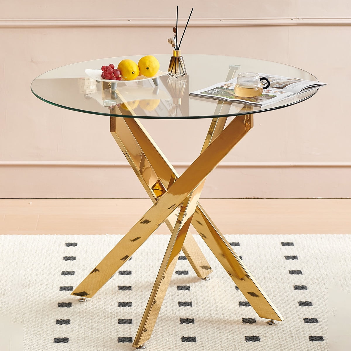 GZXS Modern Tempered Glass Dining Table, Round Clear Glass Top with ...