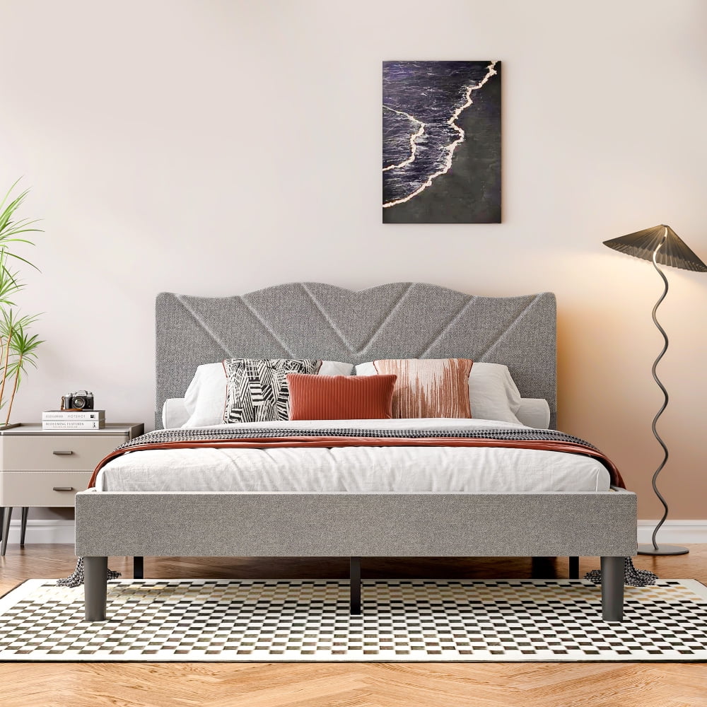 GZXS Queen Size Minimalist Platform Bed with Upholstered Headboard ...