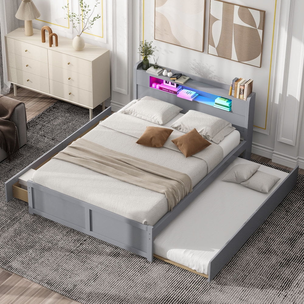GZXS Queen Size Platform Bed with LED Light, Underbed Storage Drawers ...
