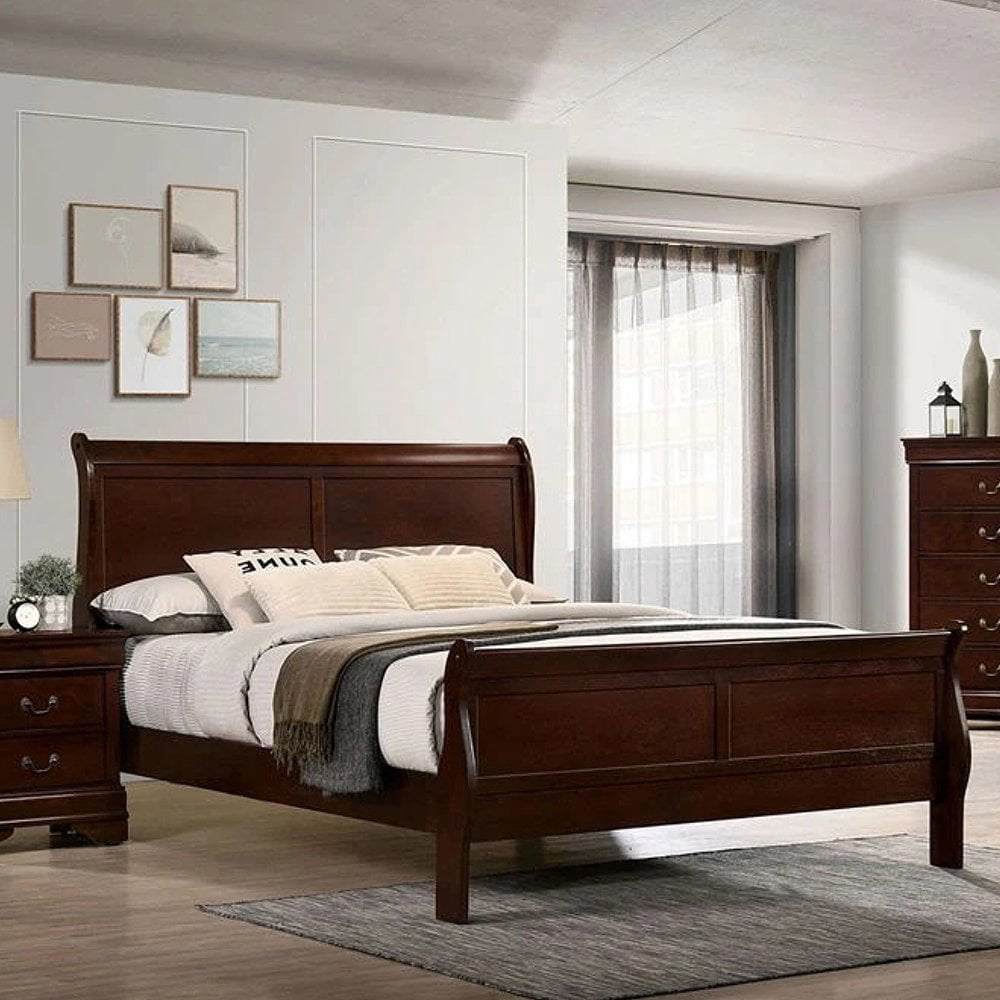 GZXS Queen Size Wood Platform Bed in Cherry, Vintage American Style ...