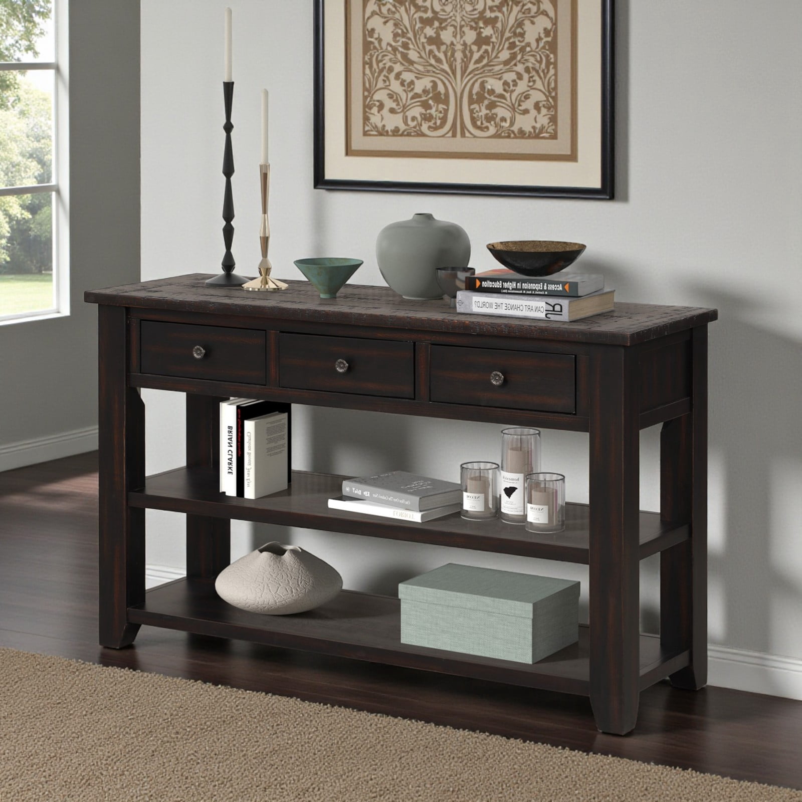 GZXS Retro Console Table in Distressed Black, Industrial Entryway Sofa ...