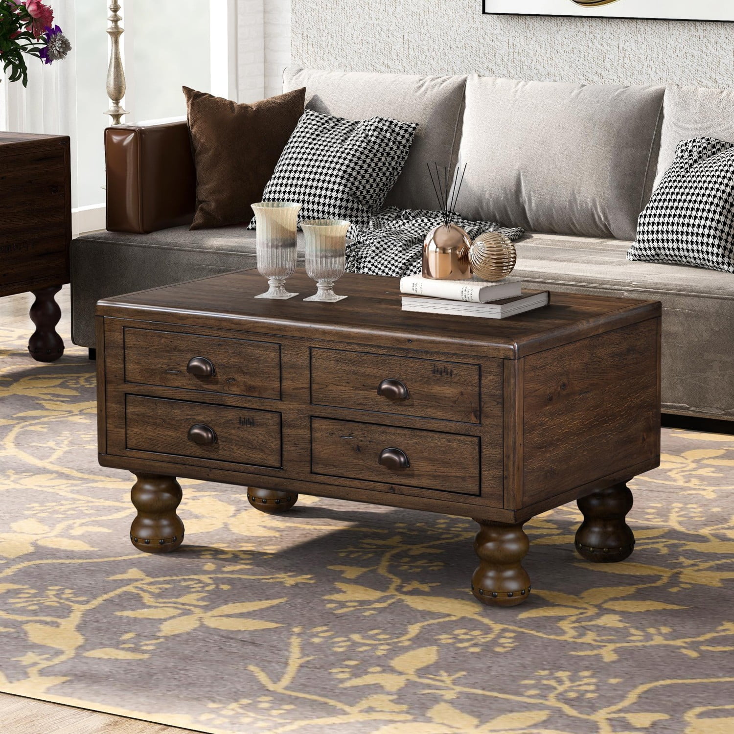 GZXS Solid Wood Rectangle Coffee Table with 4 Drawers, Antique Living Room Accent Center Table ...