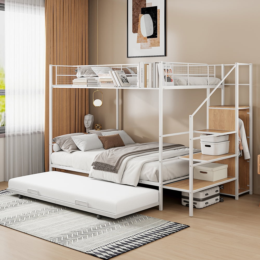 GZXS Twin Over Full Metal Bunk Bed with Trundle, Step Storage Ladder ...