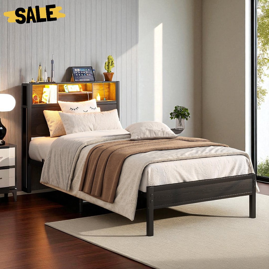 GZXS Twin Platform Bed Frame with Storage Headboard, Smart LED Lights ...