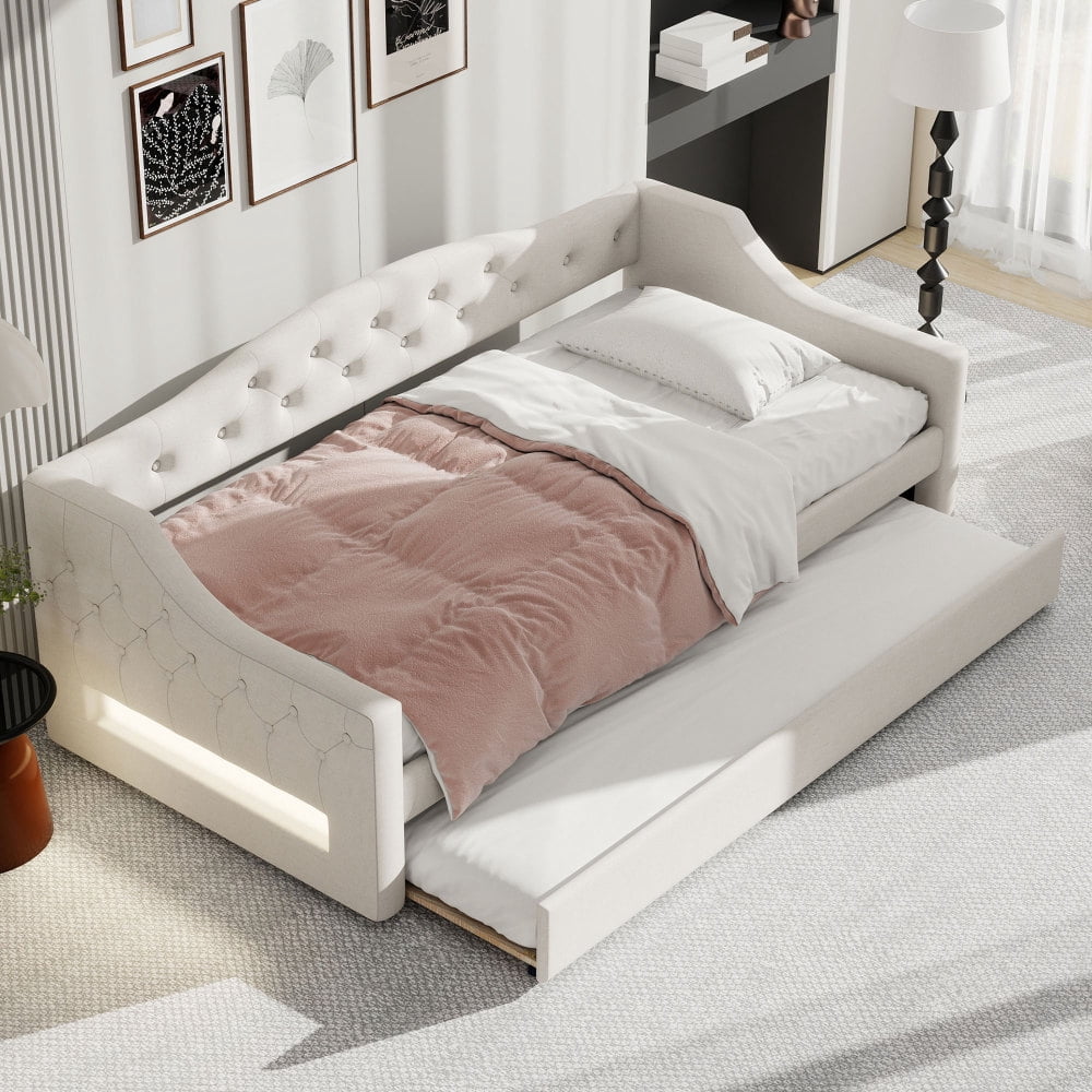 GZXS Twin XL Size Daybed with LED Light Belt and Trundle, Upholstered ...