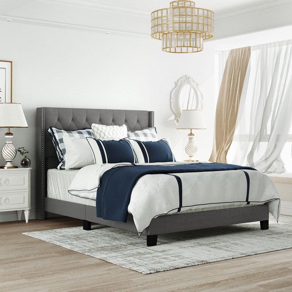 GZXS Upholstered Platform Bed with Classic Headboard, Box Spring Needed ...