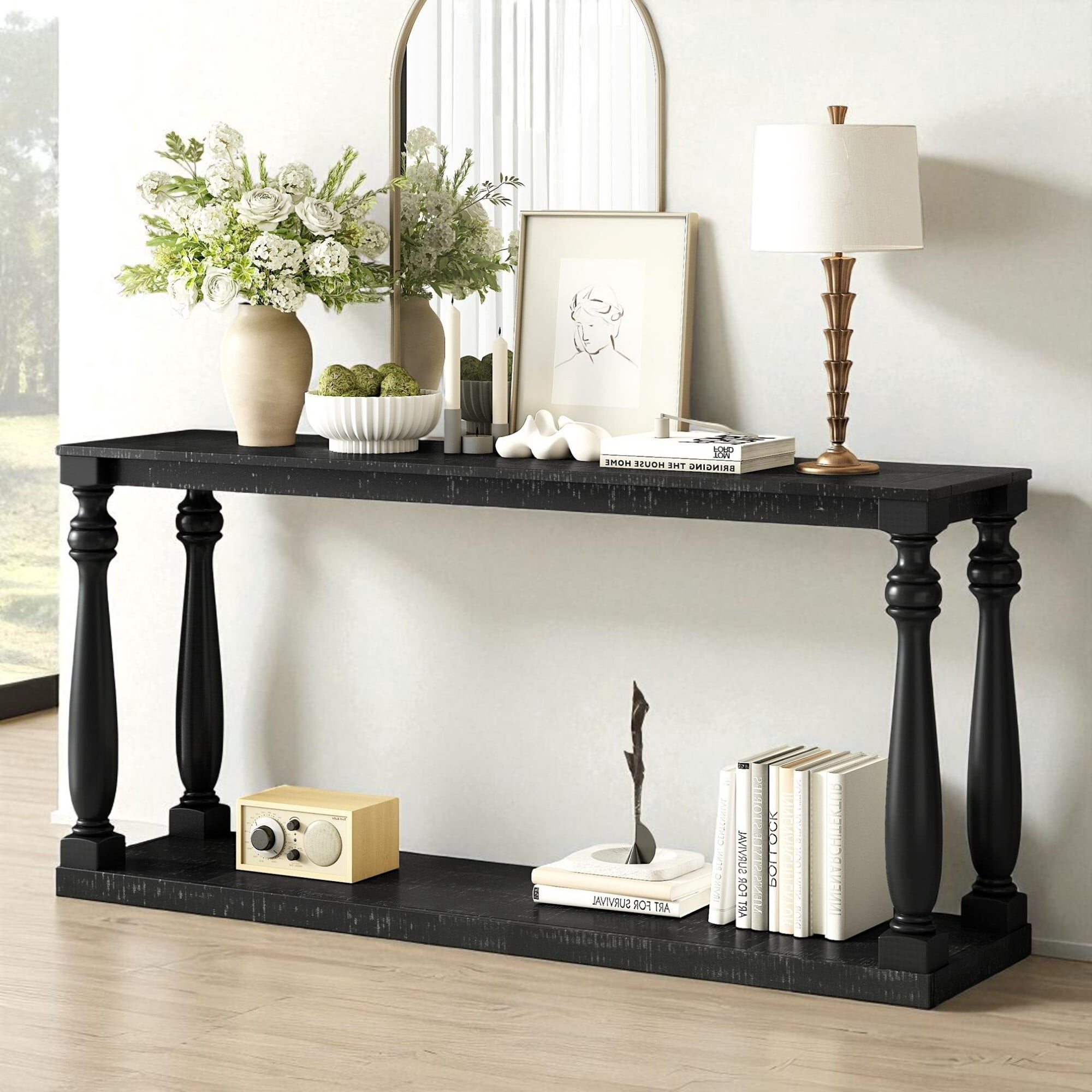 GZXS Vintage Console Table with Solid Wood Vase Legs and Lower Shelf, 2 ...