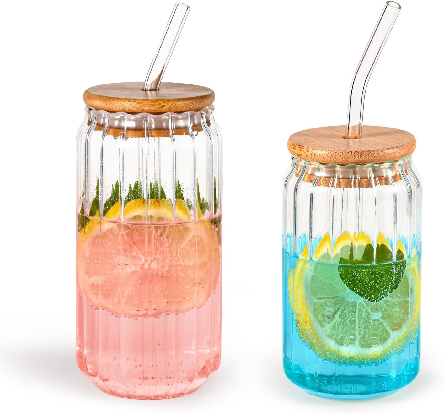 GZhLonKiMa 2 Pieces Ribbed Glass Cups, Iced Coffee Glass Highball ...