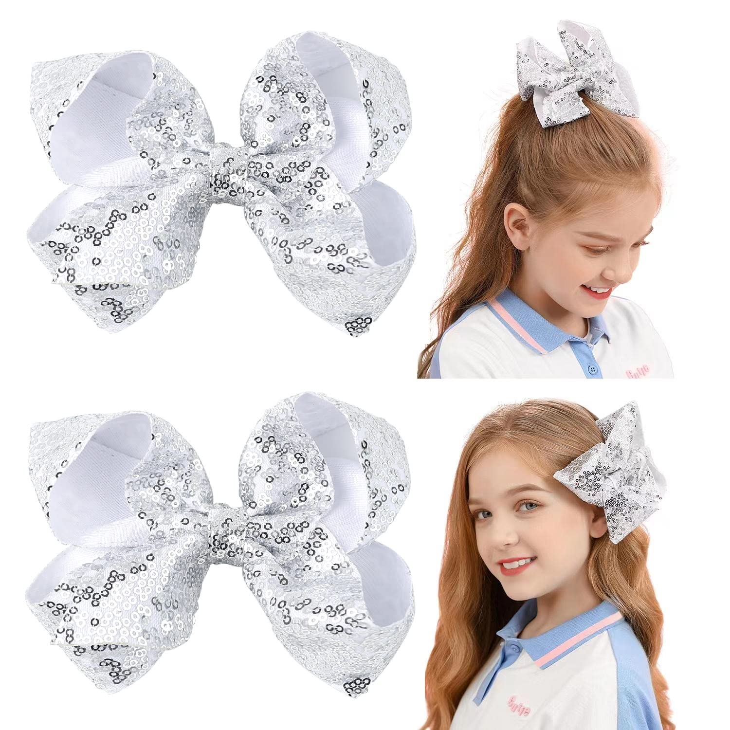 GZhLonKiMa 6 Inch Pink Sparkly Glitter Sequin Hair Bows for Girls ...