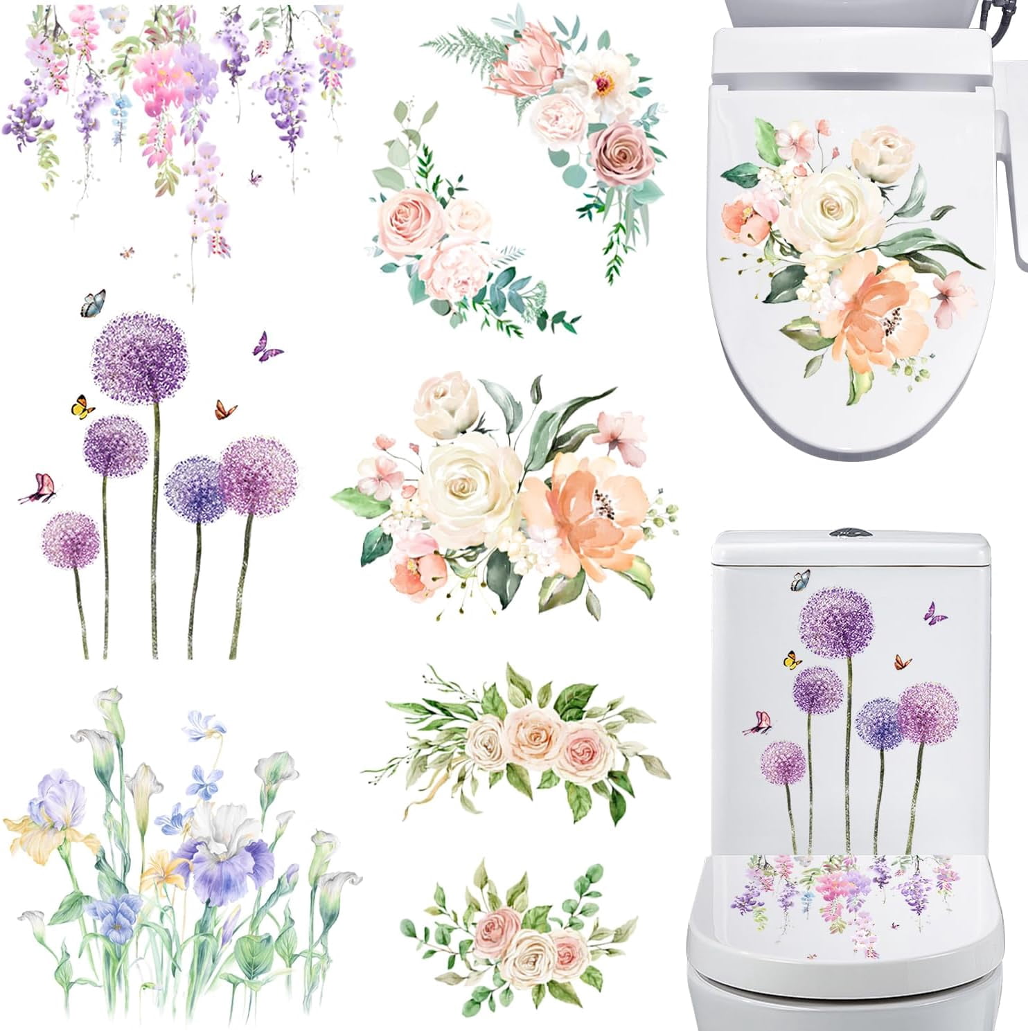 GZhLonKiMa 6 PCS Removable Flowers Toilet Stickers Floral and Plants ...