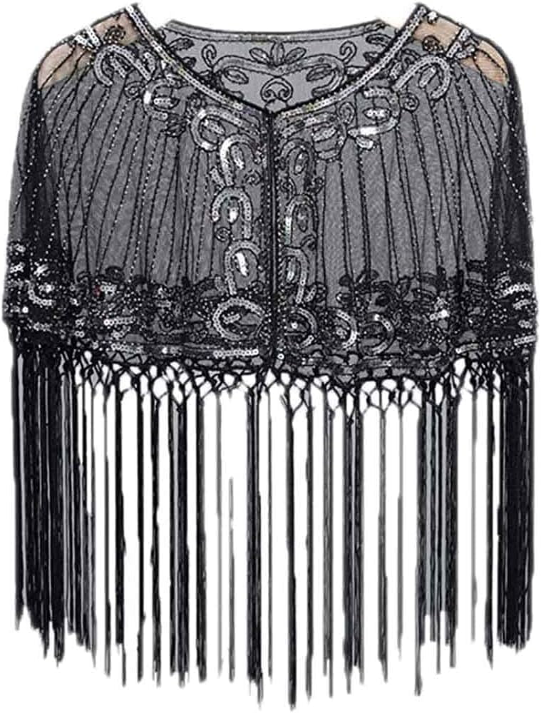 GZhLonKiMa Fringed Bridal Evening Cape Beaded Sequin Deco 1920s Wraps ...