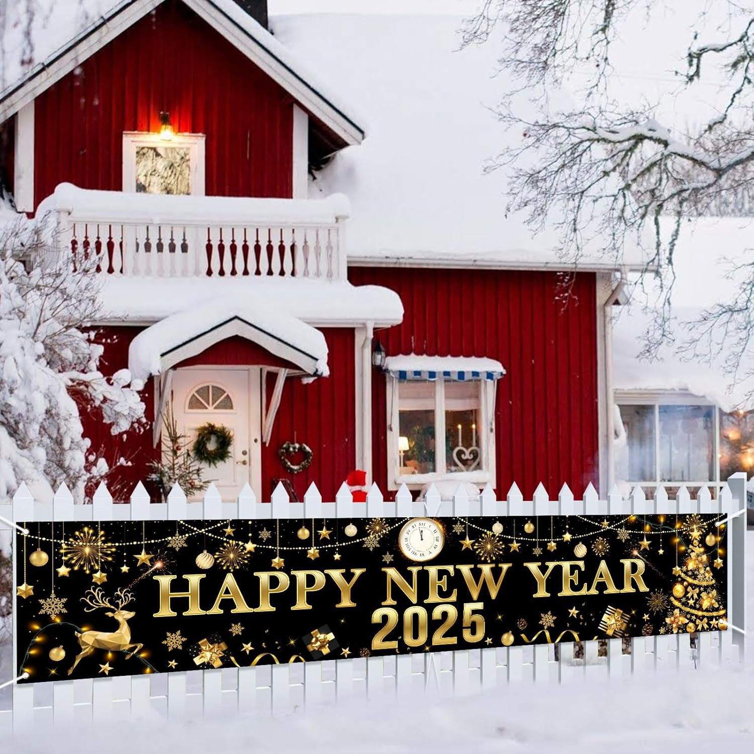 GZhLonKiMa Happy New Year Banner 2025 Large Blue New Year Banner 8x2ft ...