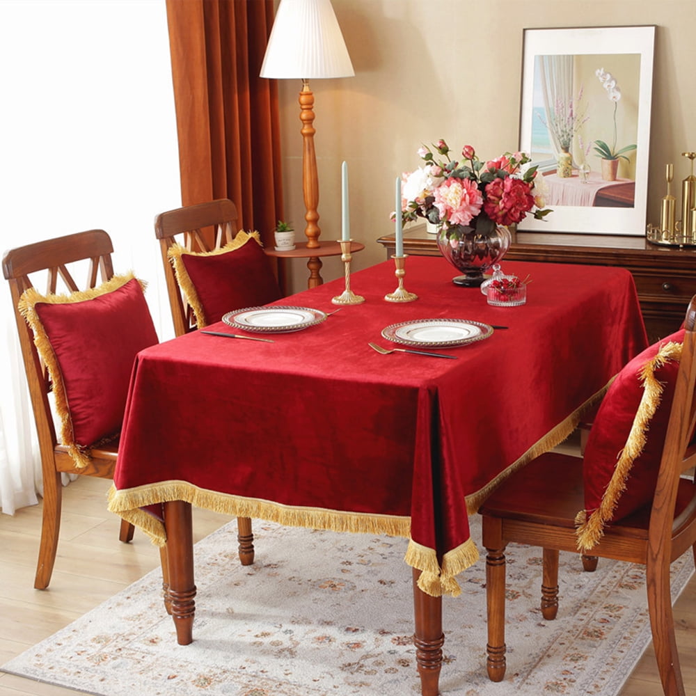 GZhLonKiMa Luxury Tassel Red Velvet Tablecloth Square Round Dining ...