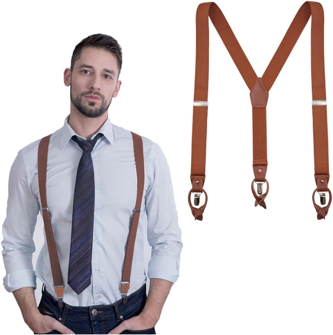 GZhLonKiMa Mens Suspenders，Brown Leather Button Tab and Clip Braces ...
