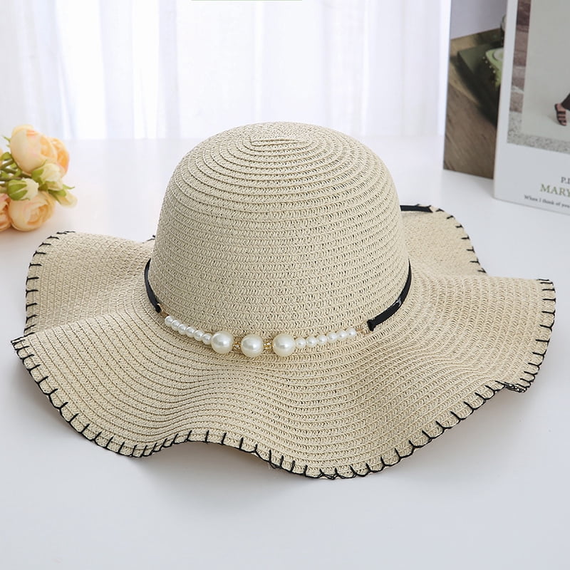 GZhLonKiMa New Women's Summer Pearl Beading Wide Brimmed Straw Hat ...