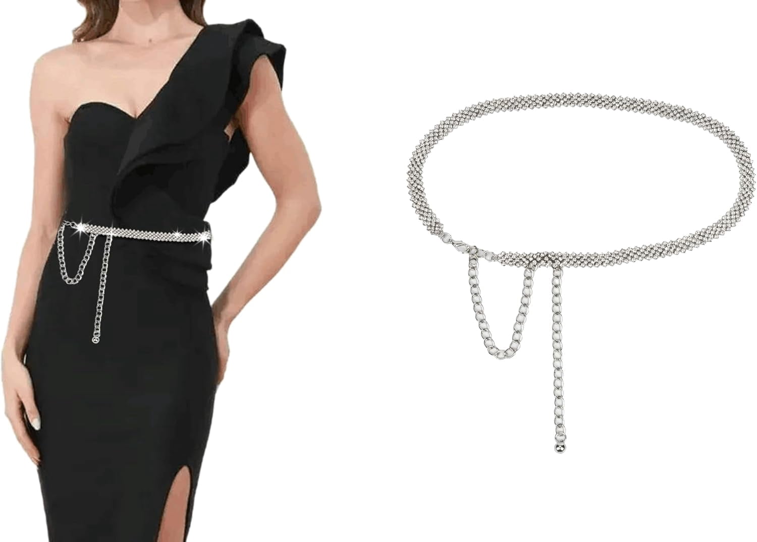 GZhLonKiMa Silver Rhinestone-Waist-Chain-Belt Formal Dress Belt Diamond ...