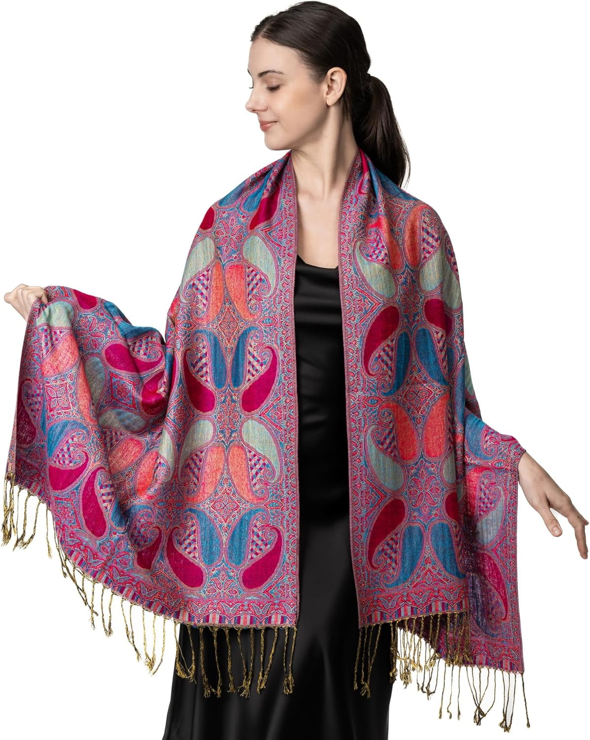 GZhLonKiMa Soft Silky Multi Color Paisley Pashmina Double Layered Shawl ...