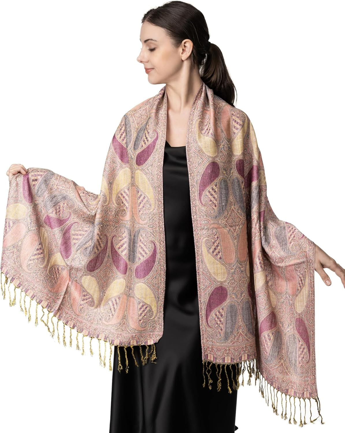 GZhLonKiMa Soft Silky Multi Color Paisley Pashmina Double Layered Shawl ...