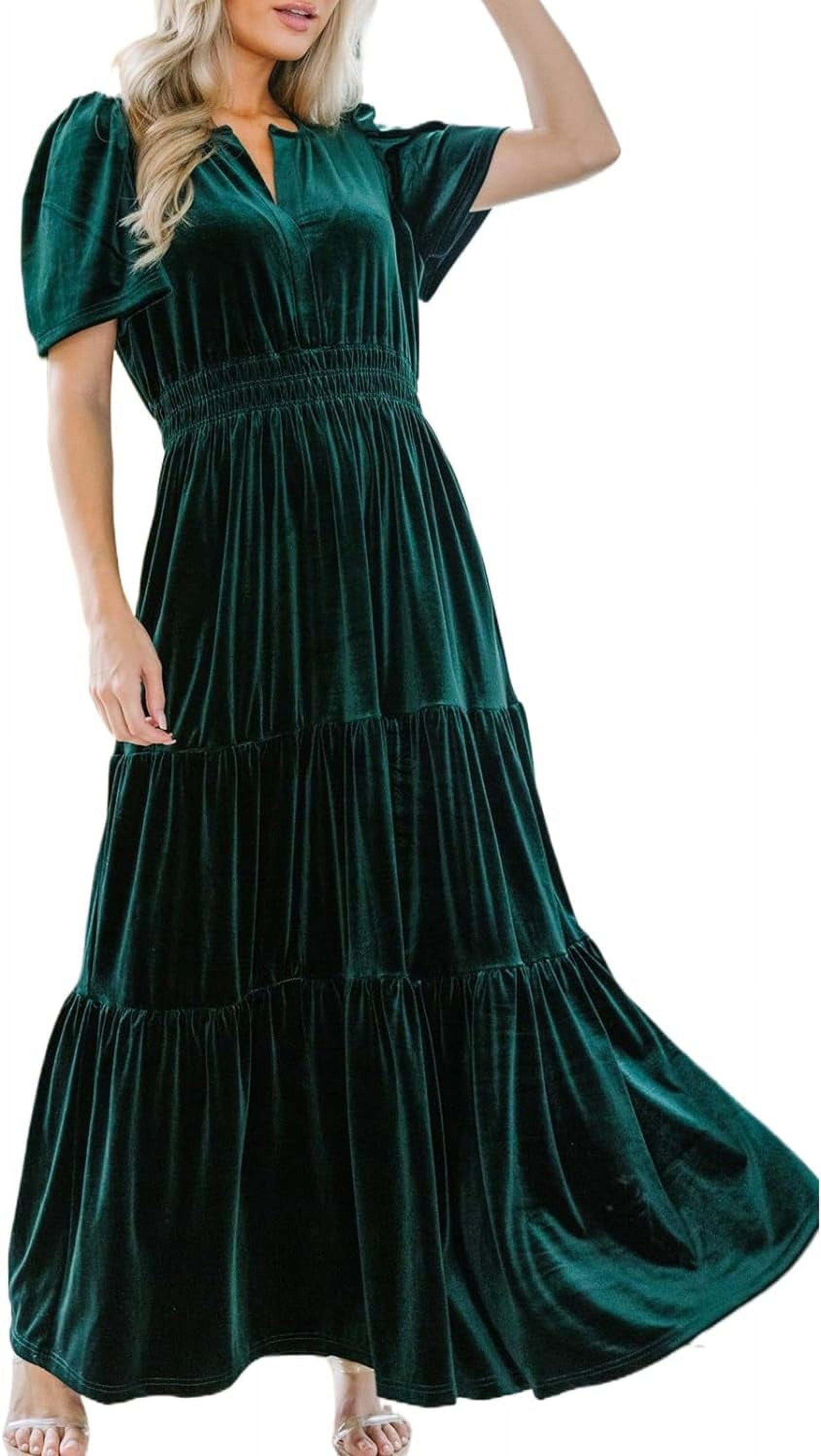 GZhLonKiMa Velvet Dress for Women Elegant V Neck Short Sleeve Maxi ...