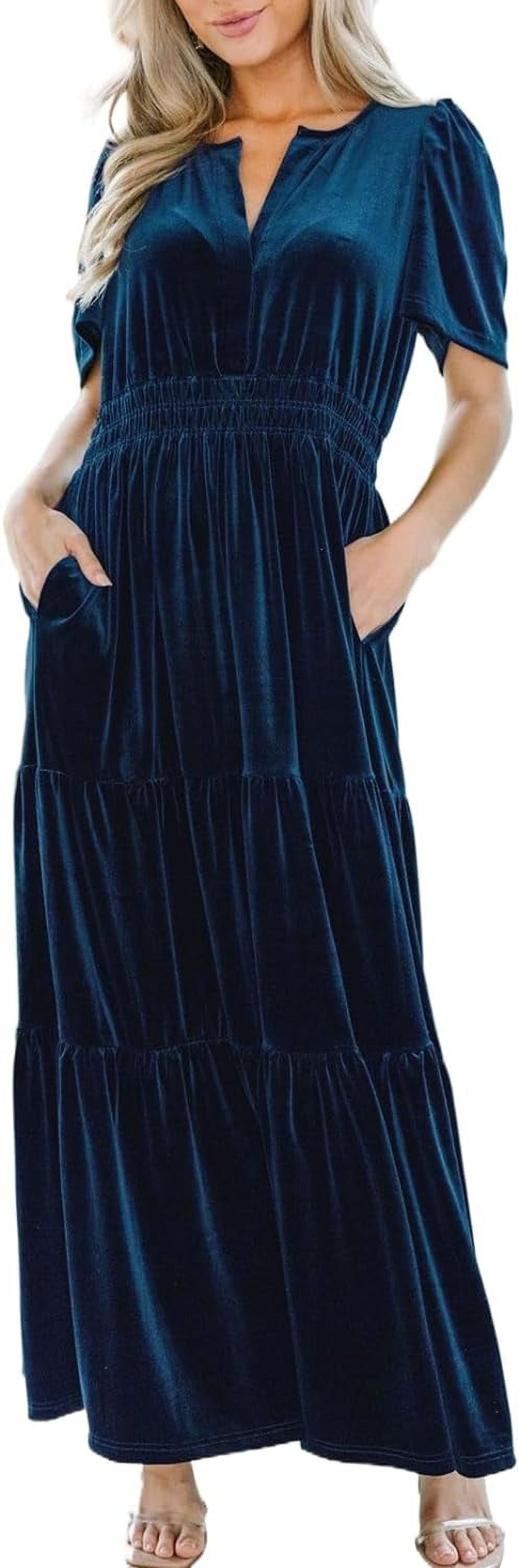 GZhLonKiMa Velvet Dress for Women Elegant V Neck Short Sleeve Maxi ...