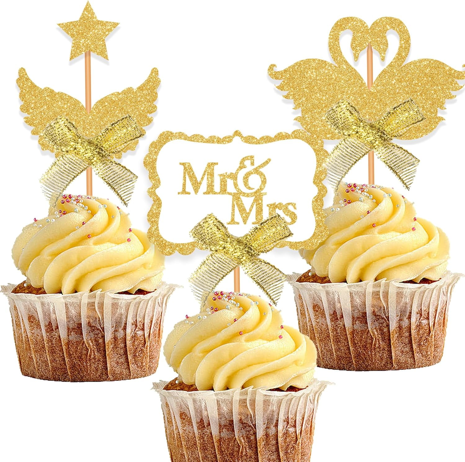 GZhLonKiMa Wedding Cupcake Topper, Gold Wedding Cake Toppers Bride and ...